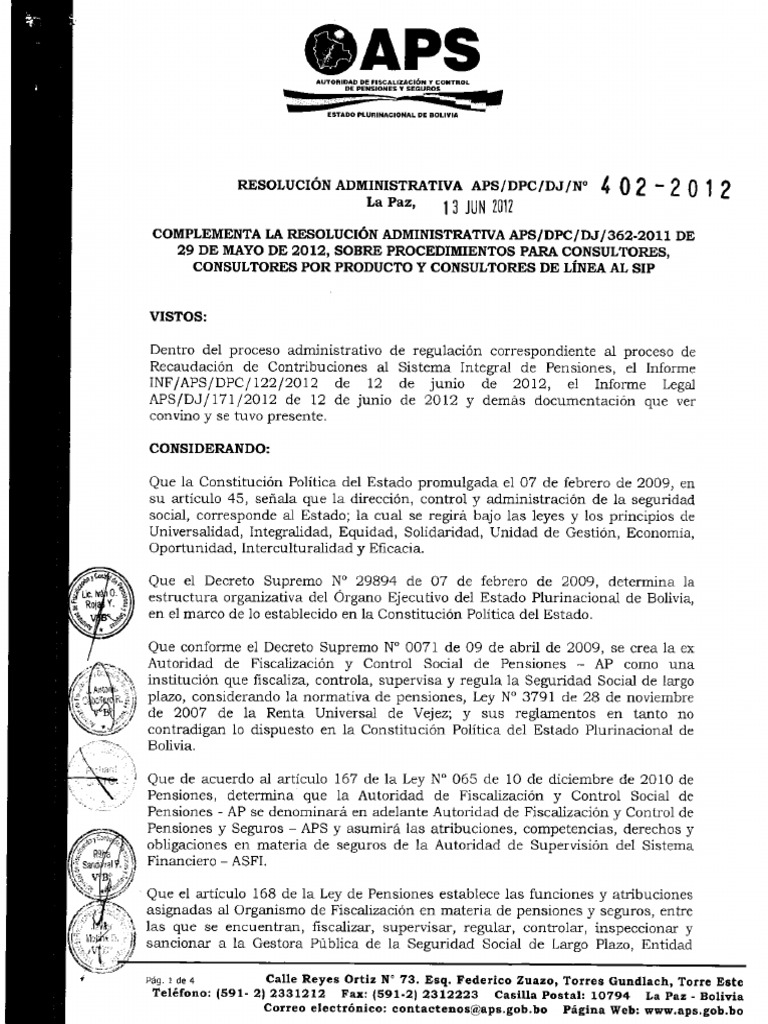 APS-Res Adm 2012-402-RAPSDPC Complementa DPC362-2911 Procedimientos Consulores | PDF