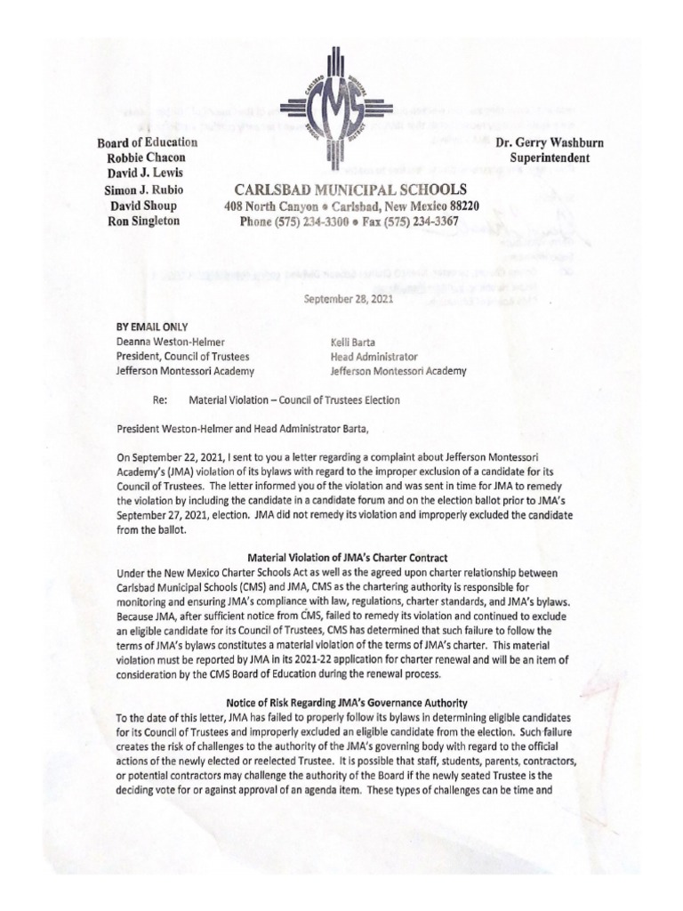 Dr. Gerry Washburn's Letter To Jefferson Montessori Academy | PDF
