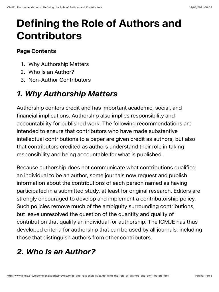 Icmje 2021 Defining The Role Of Authors And Contributors Download