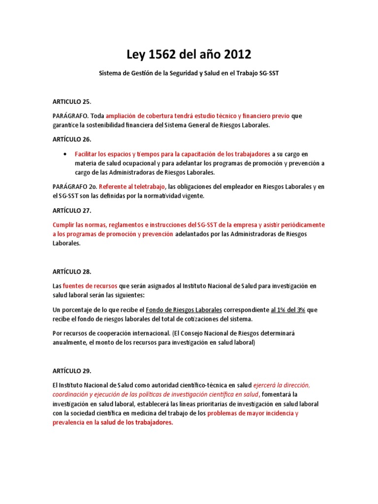 Ley 1562 Del Año 2012 | PDF | Derecho laboral | Seguridad y salud ...