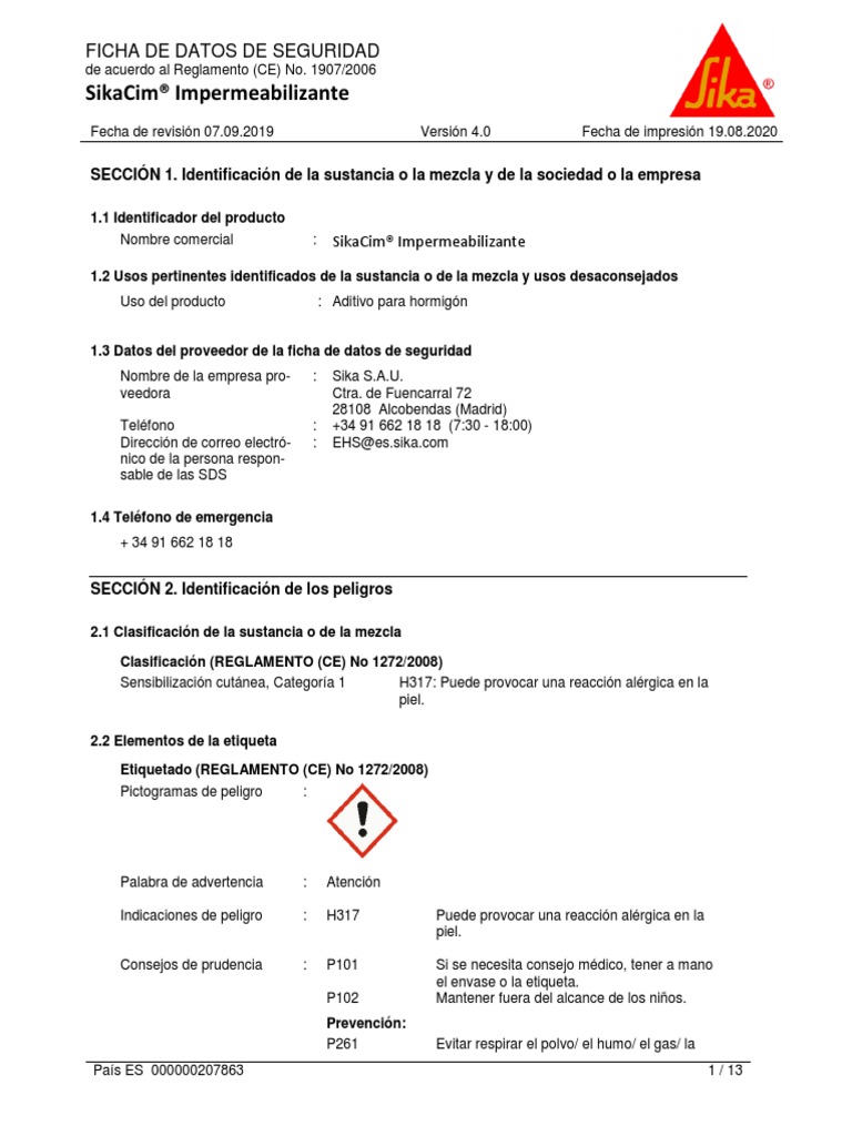 MSDS Impermeabilizante SIKA | PDF | Agua | Ciencias fisicas
