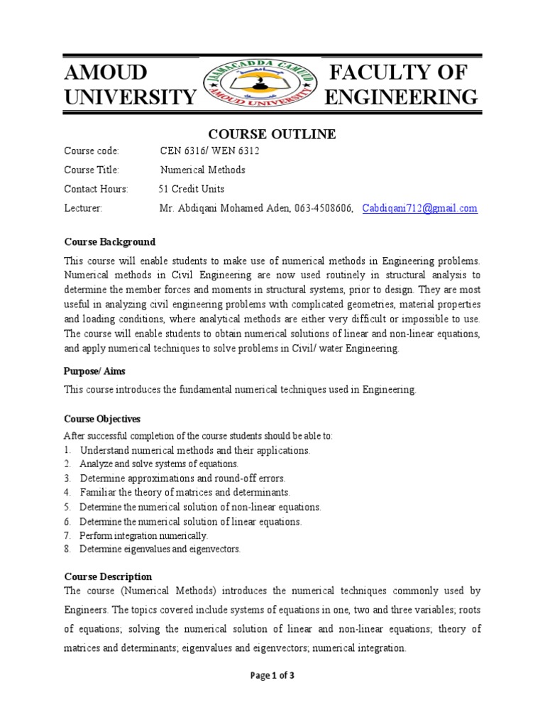 Numerical Methods Course Outline Sep 2021 | PDF | Matrix (Mathematics ...