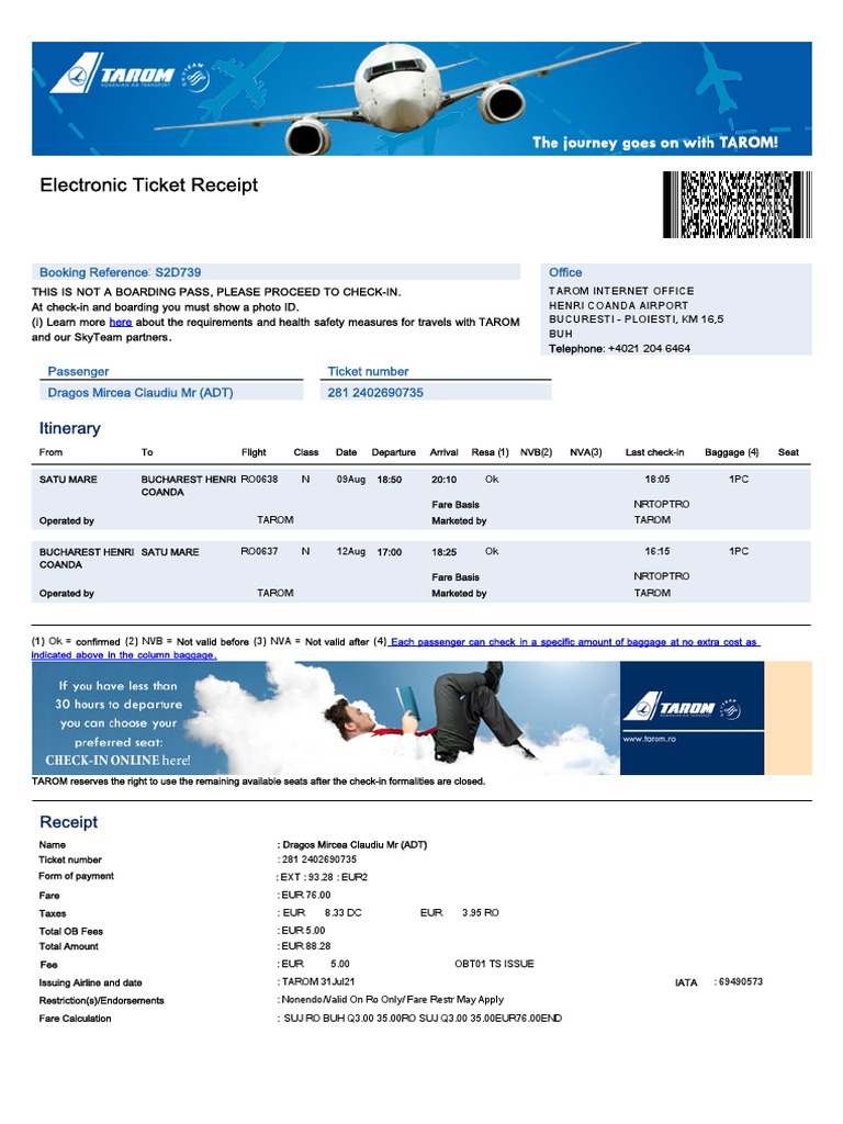 TAROM Electronic Ticket Receipt | PDF | Airlines | Privacy Policy