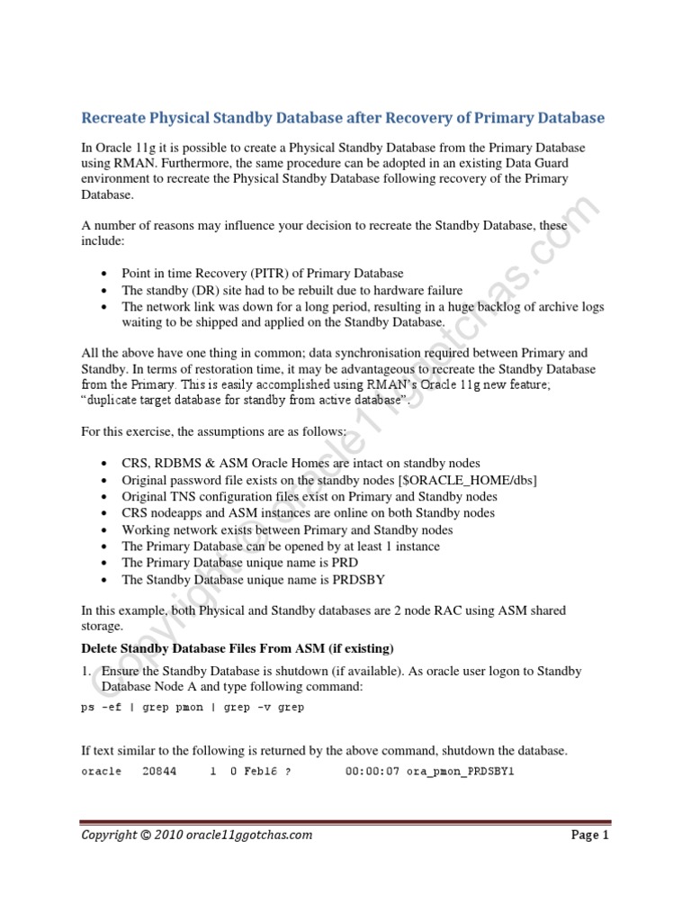 Recreate Physical Standby Database After Recovery of Primary Database ...