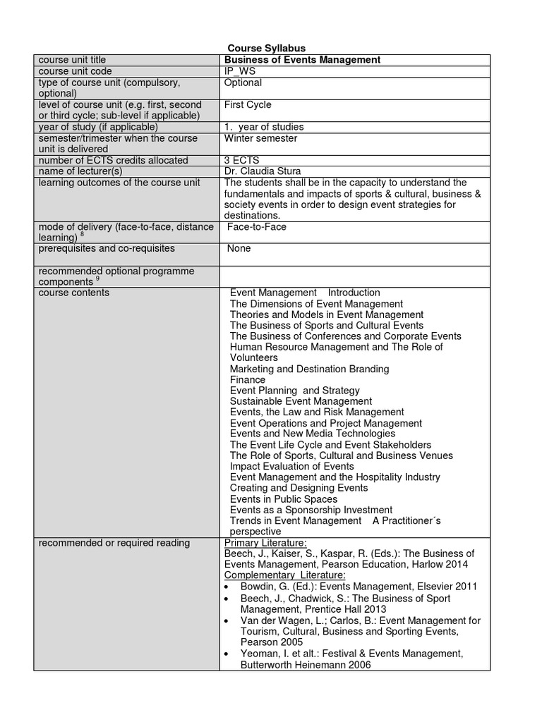 Course Syllabus Business of Events Management | PDF | Economies | Business
