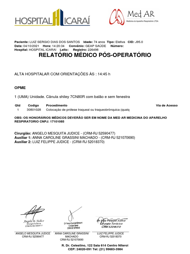 Relatório Médico Pós-Operatório: Alta Hospitalar Com Orientações Às: 14 ...