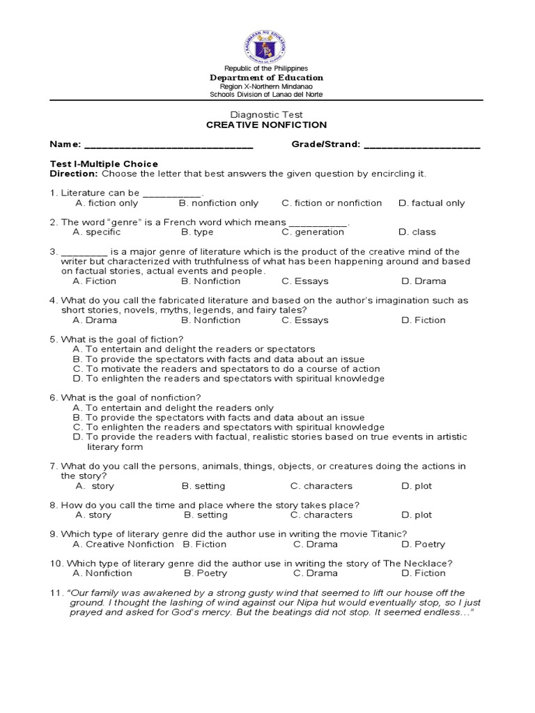 Creative Nonfiction Diagnostic Test | PDF | Narration | Narrative