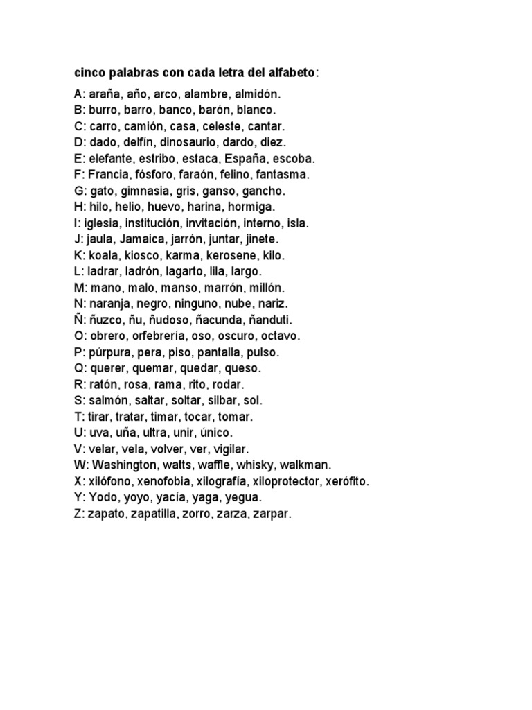 5 Palabras Con Cada Letra Del Alfabeto | PDF
