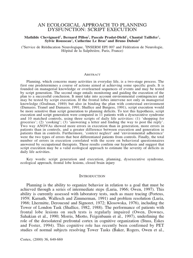 An Ecological Approach To Assessing Planning Dysfunction In Script Execution Pdf Prefrontal
