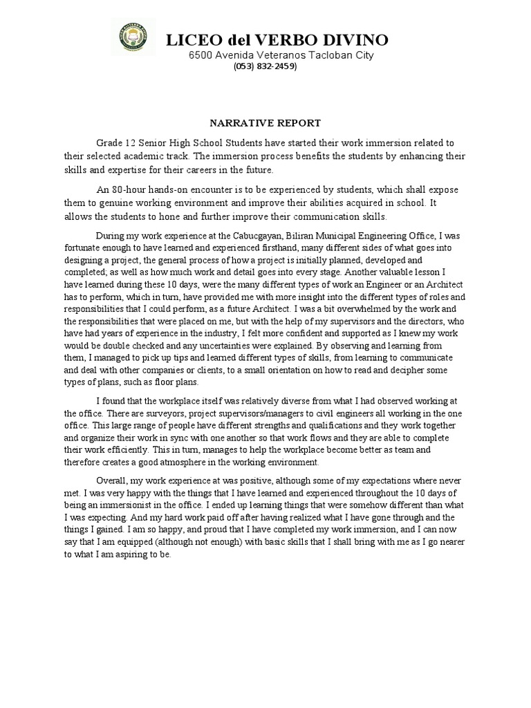 Student Work Immersion Report | PDF | Cognition