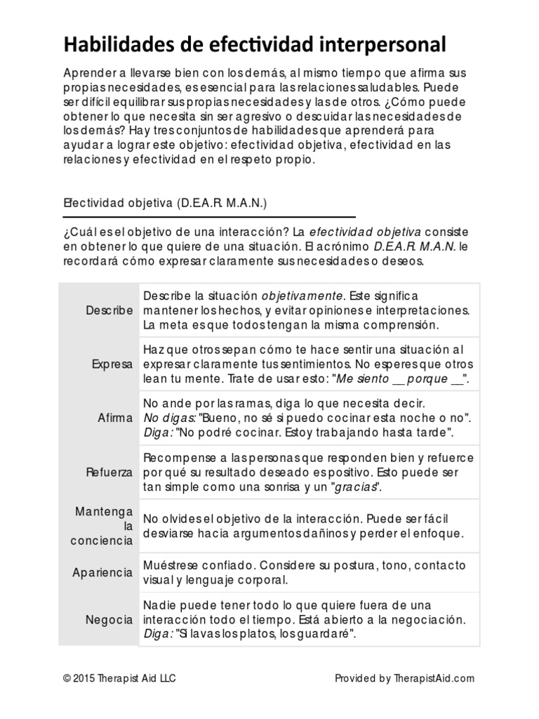 DBT Interpersonal Effectiveness Skills Spanish | PDF | Autoestima ...