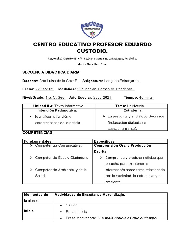 Plan de Clase Modelo. Tema, LA NOTICIA | PDF | Comunicación | Aprendizaje