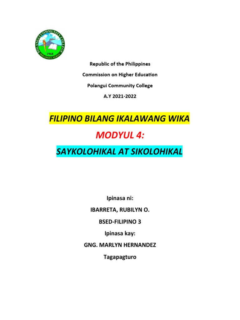 Modyul 4 ELECTIVE (IBARRETA, RUBILYN O. BSED-FILIPINO 3) | PDF