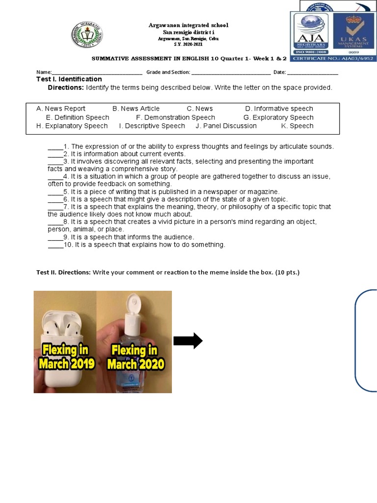 Test I. Identification Directions: Identify The Terms Being Described ...