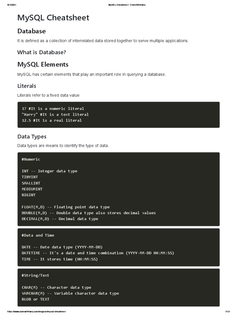 MySQL Cheatsheet - CodeWithHarry | PDF | Table (Database) | Computer Data MySQL Cheatsheet - CodeWithHarry | PDF | Table (Database) | Computer Data
