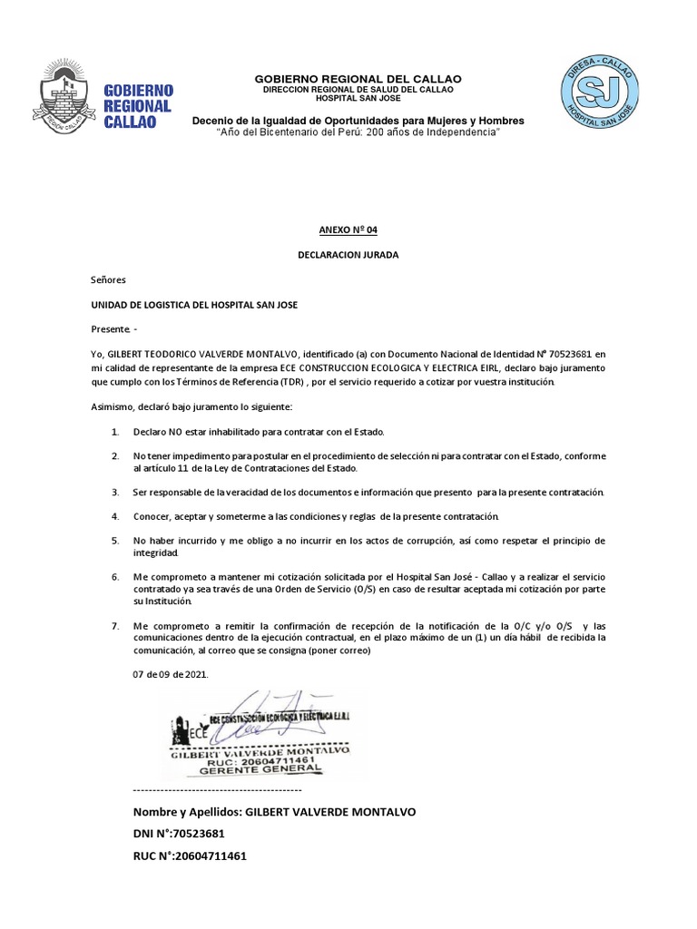 Anexo N 04 - Formato Declaracion Jurada - Servicio | PDF