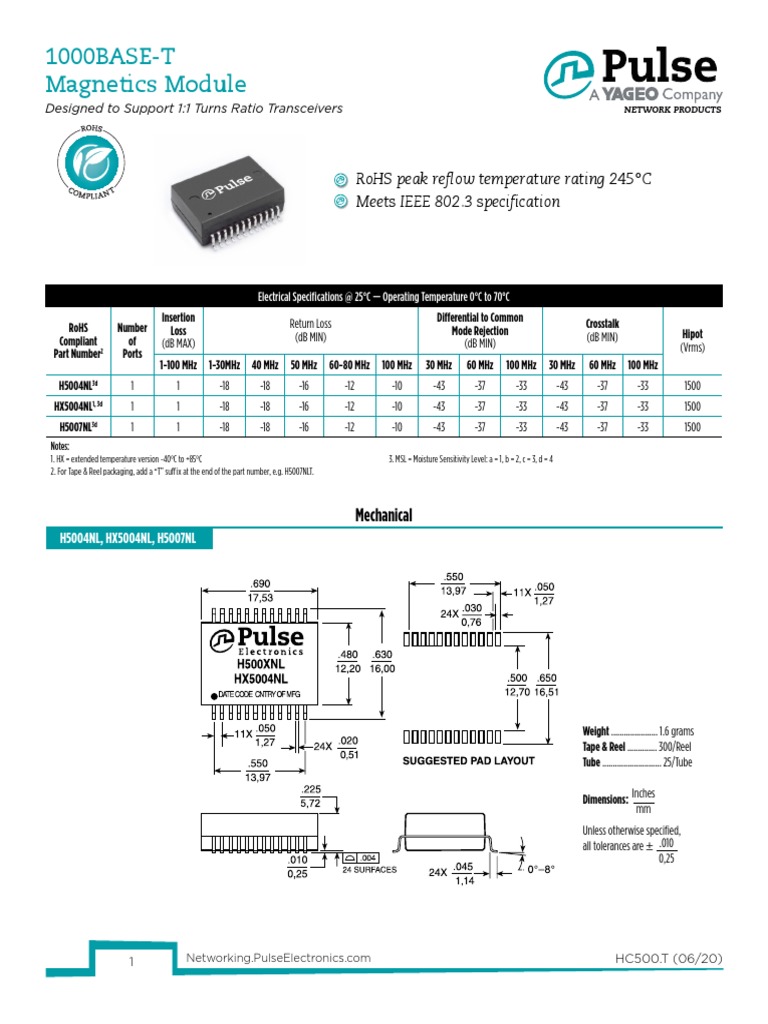 1000Base-T Magnetics Module: Rohs Peak Reflow Temperature Rating 245 ...