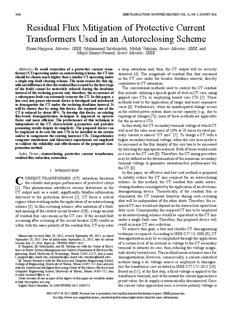 Residual Flux Mitigation of Protective Current Transformers Used in An Autoreclosing Scheme ...