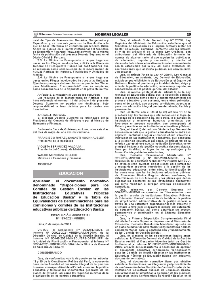 RM #189-2021-MINEDU - EducarPerú | PDF | Institución | Salón de clases