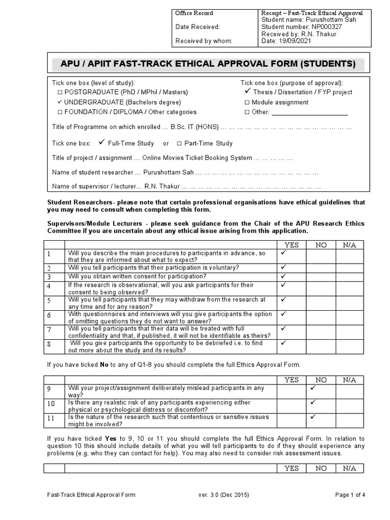 Apu / Apiit Fast-Track Ethical Approval Form (Students) : YES NO N/A 1 ...