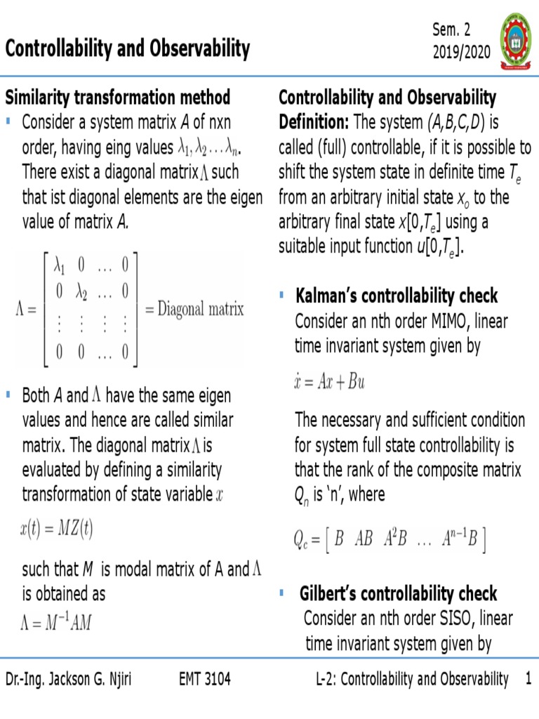 L-2 - Controllability and Observabilty | PDF | Matrix (Mathematics ...