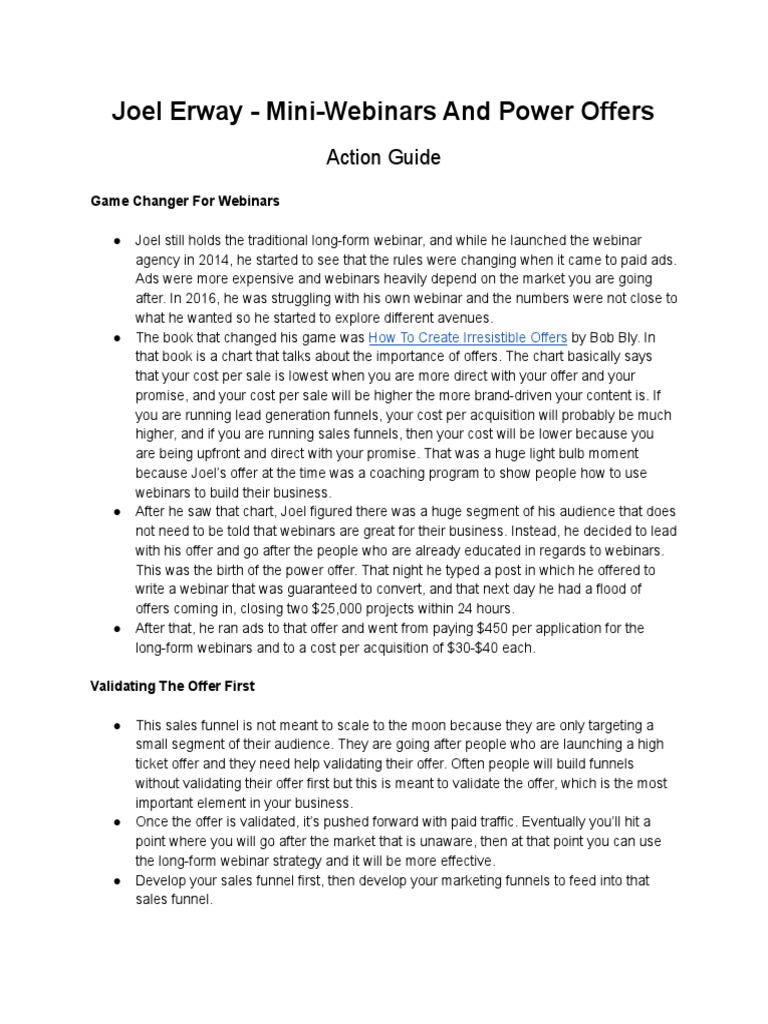 Joel Erway - Mini-Webinars and Power Offers: Action Guide | PDF | Marketing | Prices