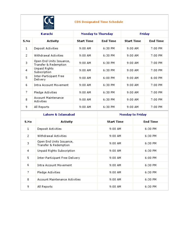 CDS Designated Time Schedule CDC | PDF