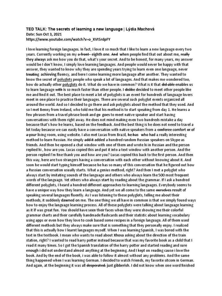 TED TALK 2 - The Secrets of Learning A New Language | PDF ...