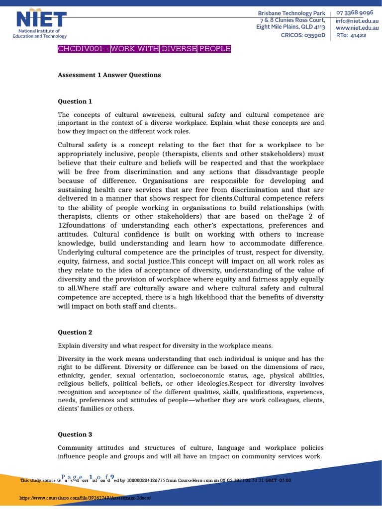 Chcdiv001 - Work With Diverse People: Assessment 1 Answer Questions ...
