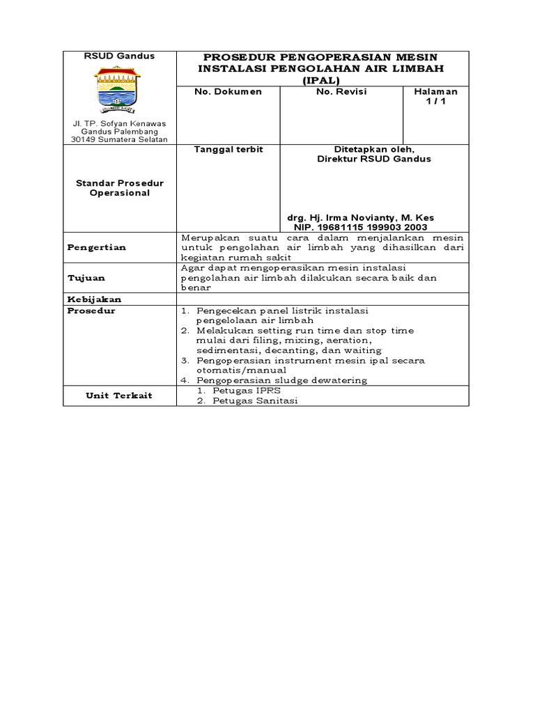 Prosedur Operasi Mesin IPAL | PDF