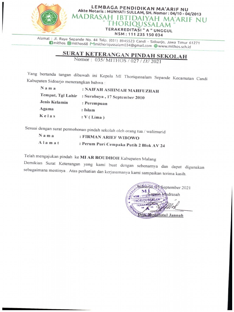 Surat Mutasi Naifah 5B | PDF