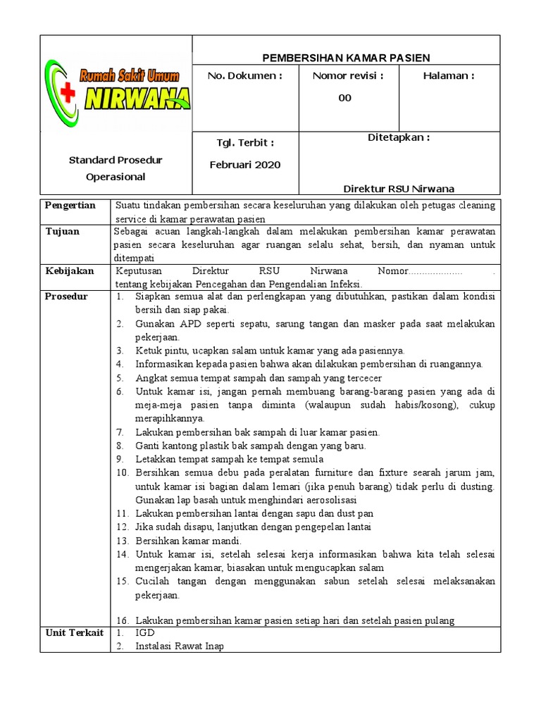 SPO Pembersihan Kamar Pasien | PDF