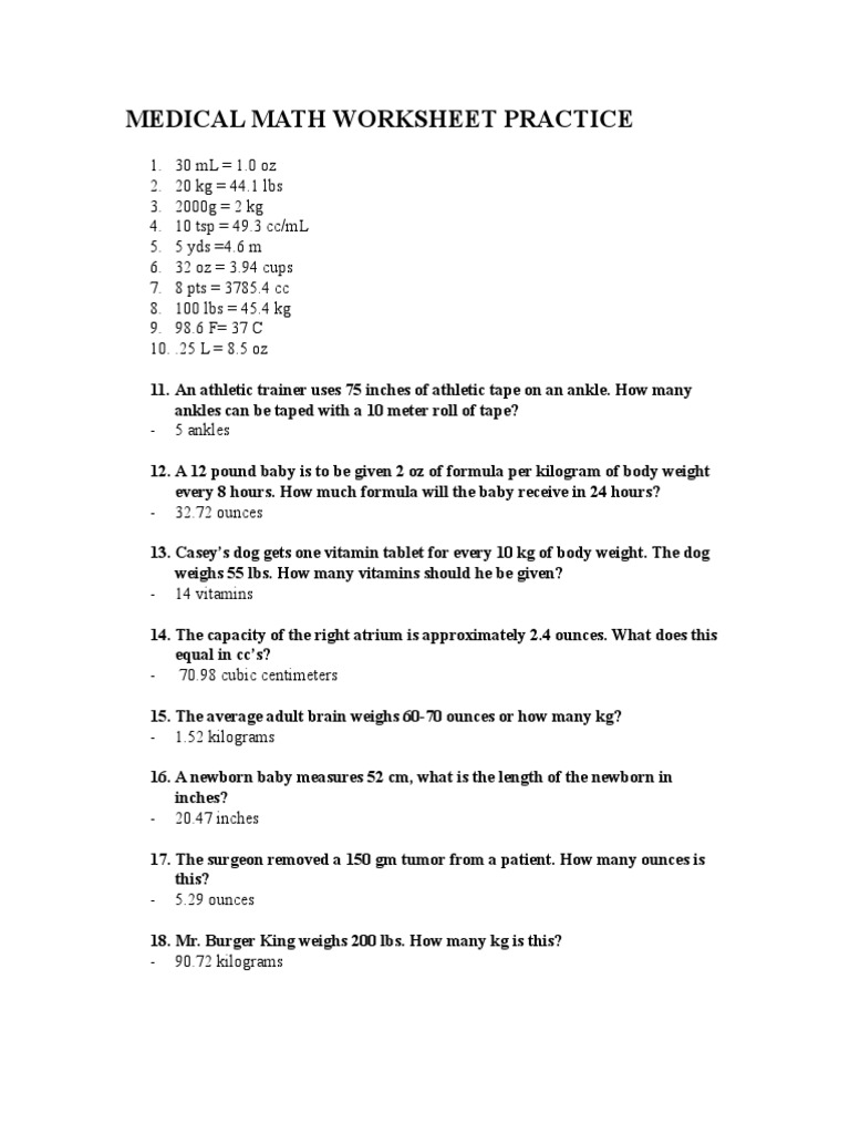 Medical Math Worksheet | PDF