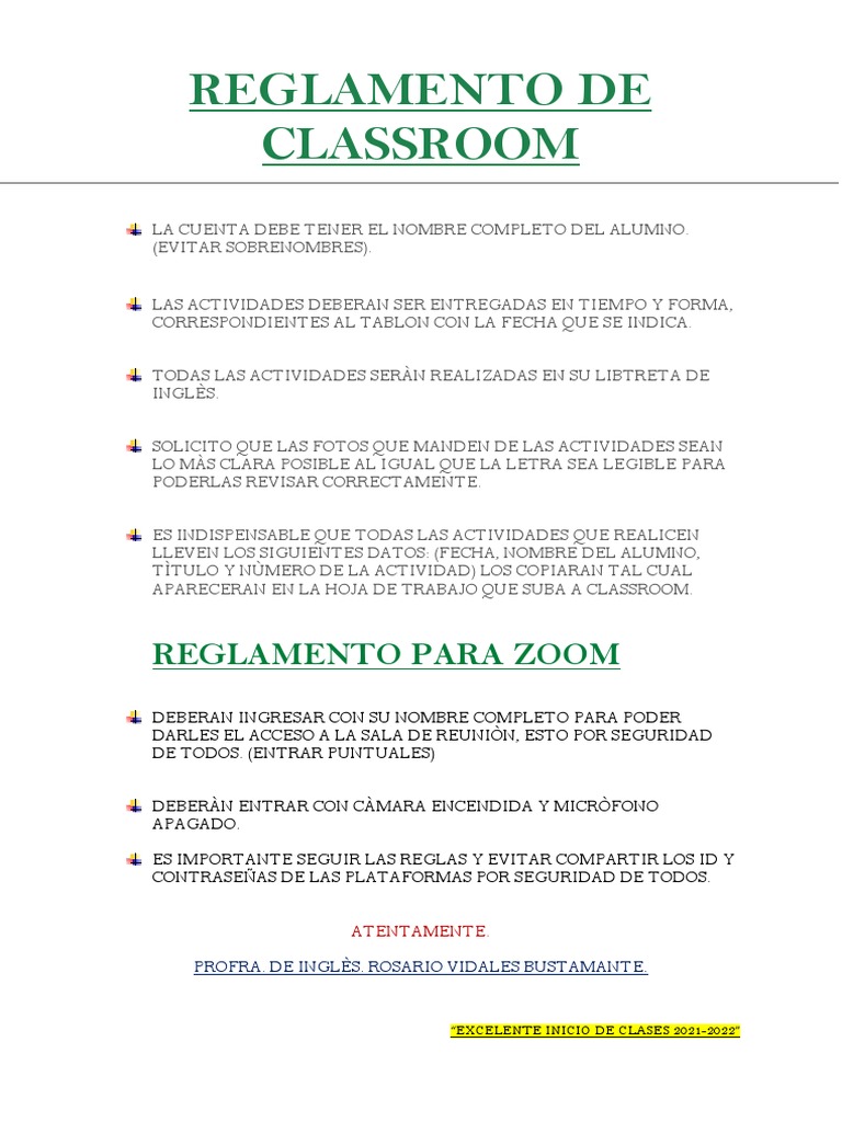 Reglamento para Classroom y Zoom | PDF