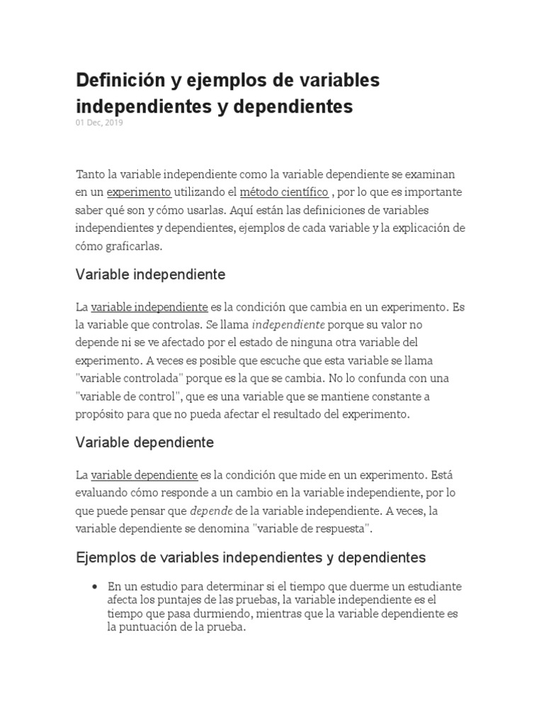 Definición y Ejemplos de Variables Independientes y Dependientes | PDF ...