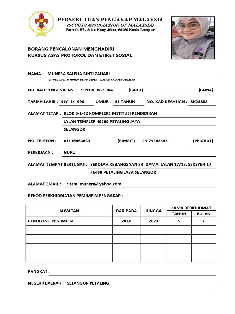 Borang Pencalonan Menghadiri Kursus Asas Protokol Dan Etiket Sosial ...
