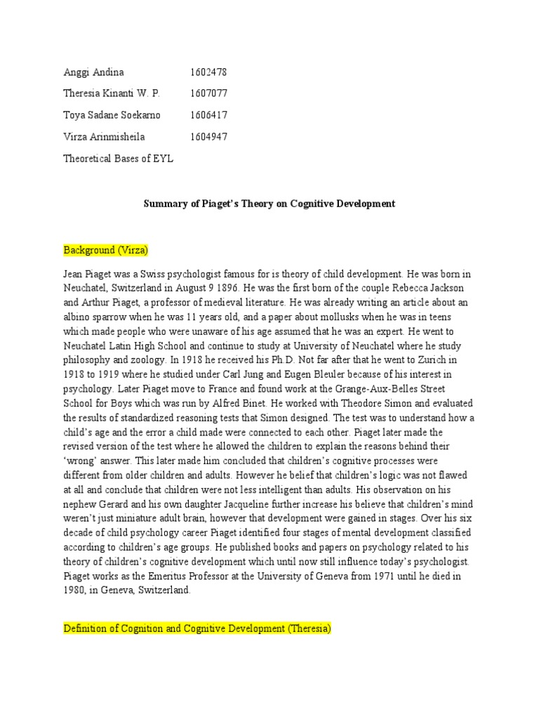 Summary of Piaget's Theory | Download Free PDF | Cognitive Development ...