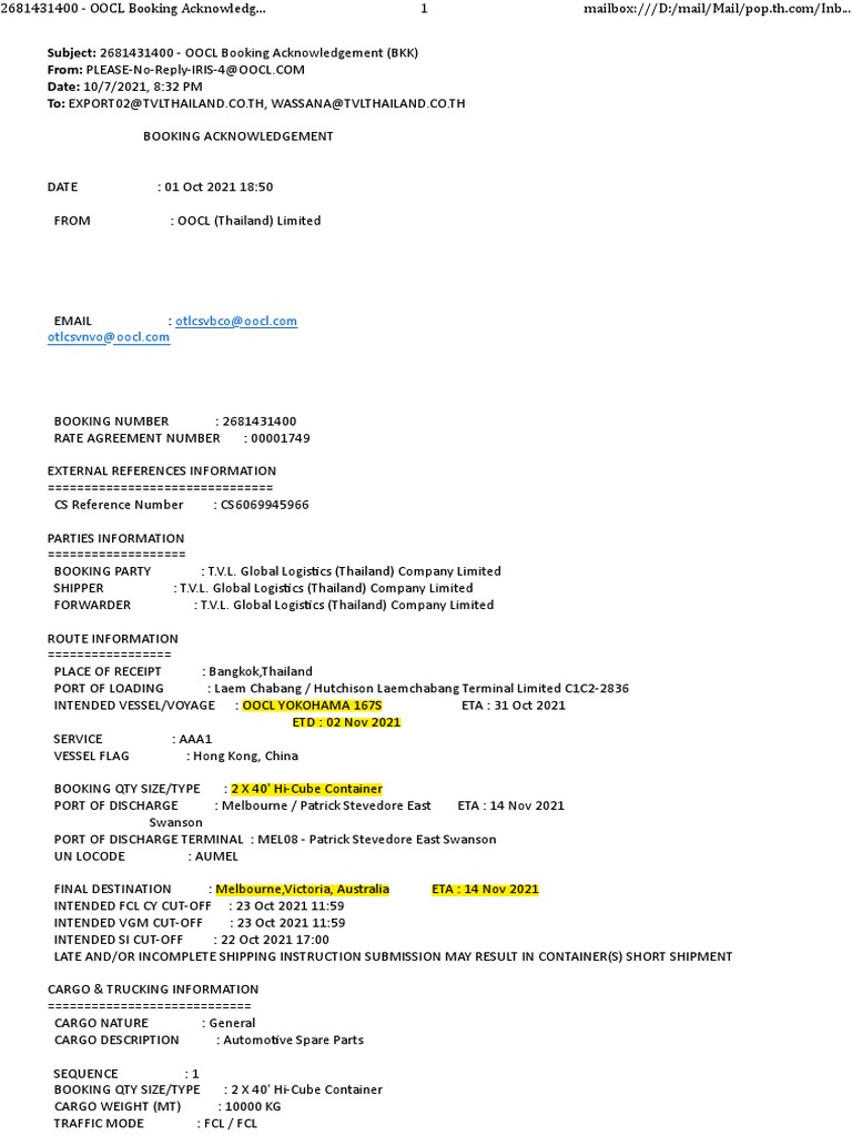 OOCL Booking Acknowledgement for Automotive Spare Parts Shipment from ...