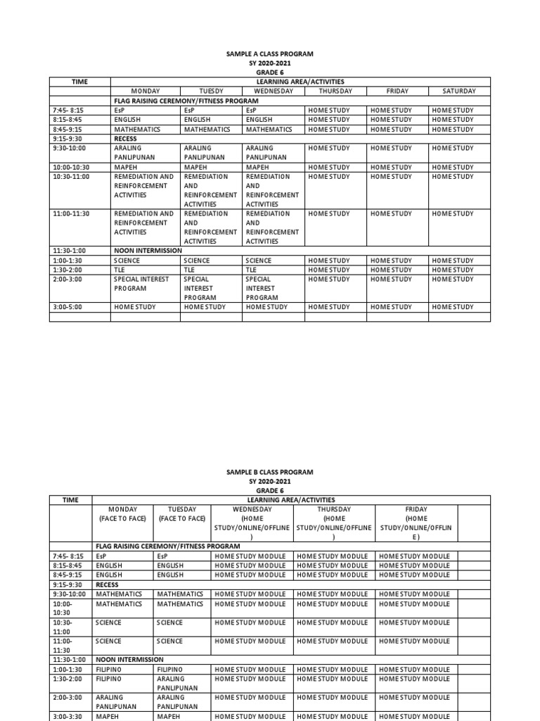 Sample Class Program Grade 6 | PDF