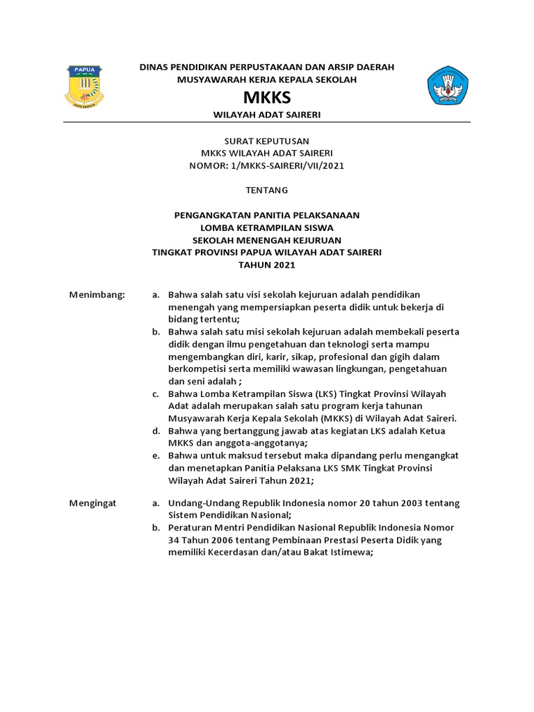SK MKKS - Panitia LKS Provinsi Papua Wilayah Adat Saireri | PDF