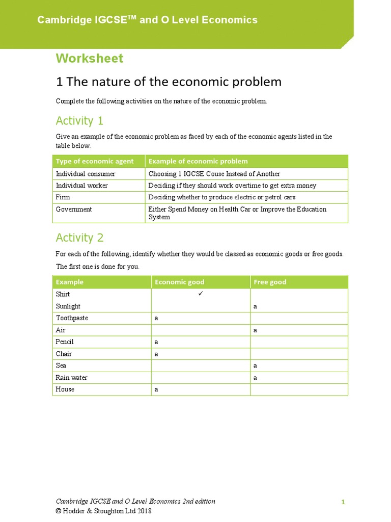 1 The Nature of The Economic Problem: Worksheet | PDF