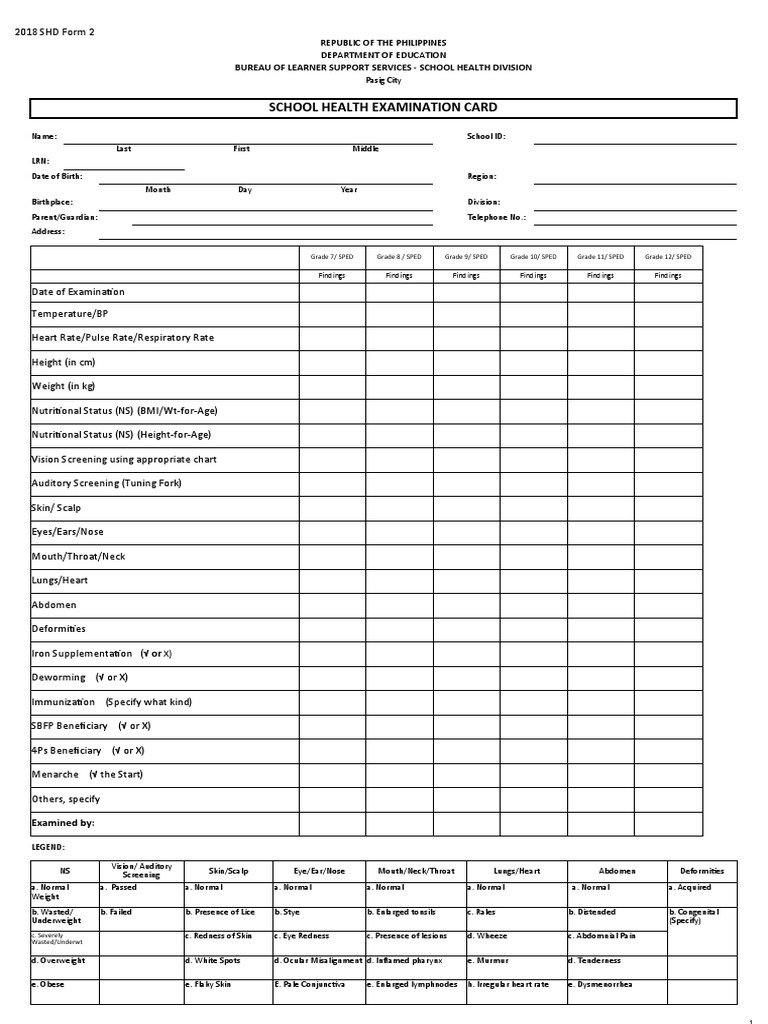 Deped School Health Examination Card Form