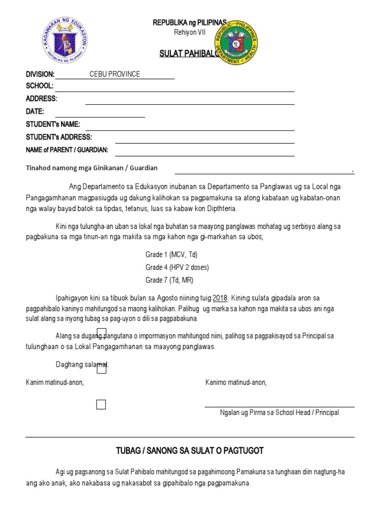Sulat Pahibalo: Name of Parent / Guardian | PDF