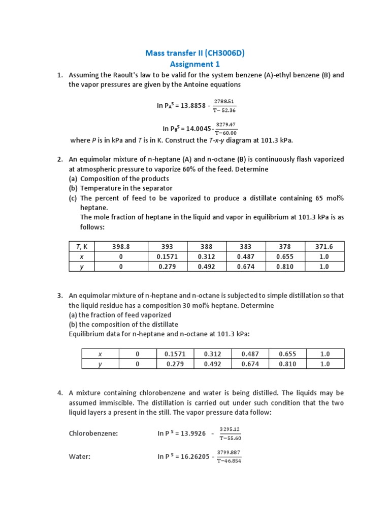 Mass Transfer II (CH3006D) Assignment 1: T, K X y | Download Free PDF | Distillation ...
