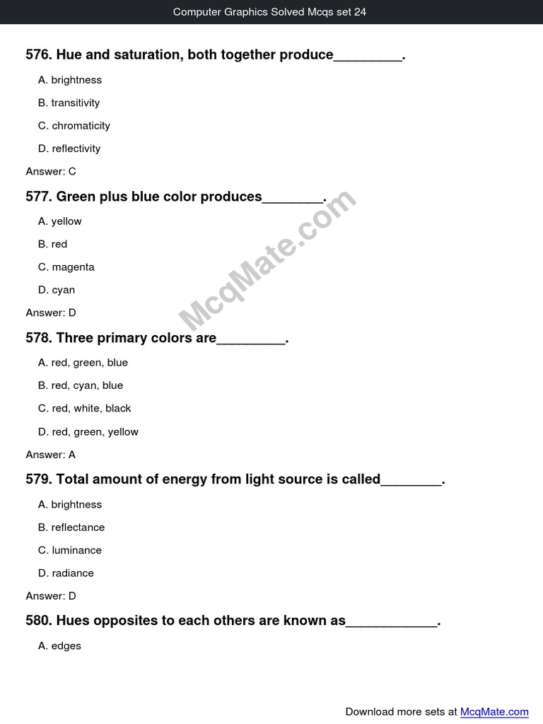 Computer Graphics Solved Mcqs Set 24 | PDF | Rgb Color Model | Color