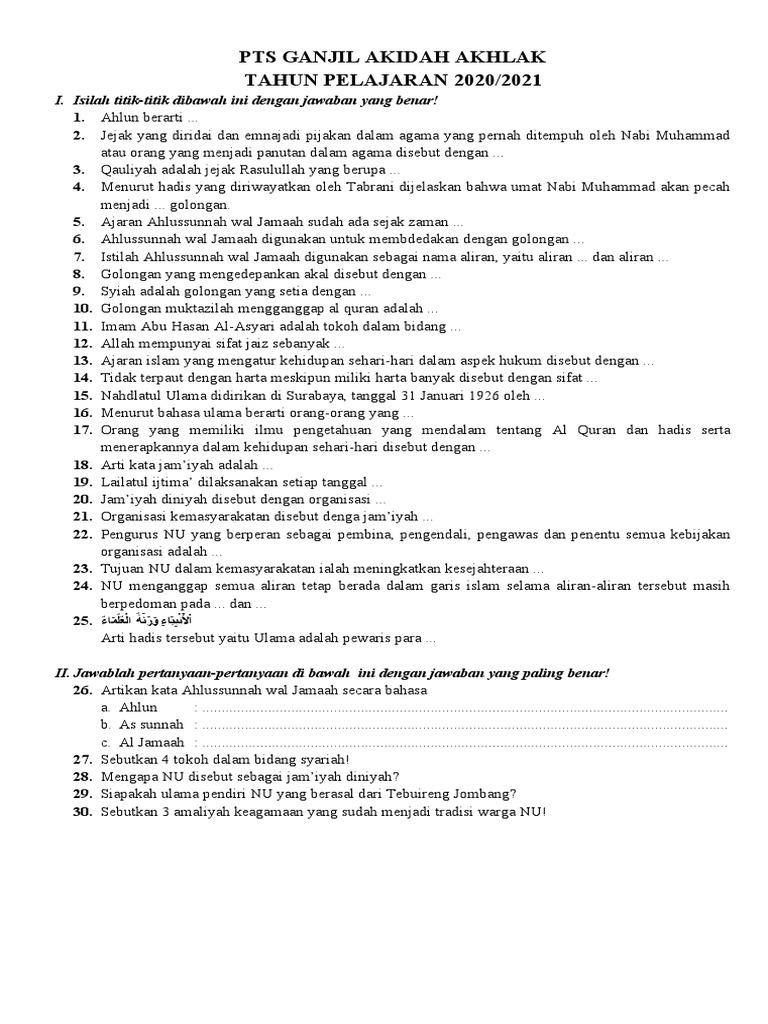 PTS Ganjil Aswaja Kelas 6 2020.2021 | PDF