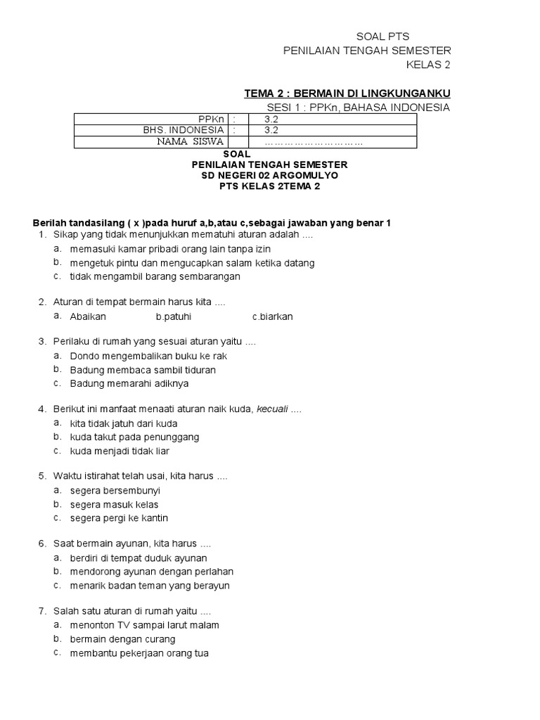 SOAL PTS Kls 2.TM 2-1 | PDF