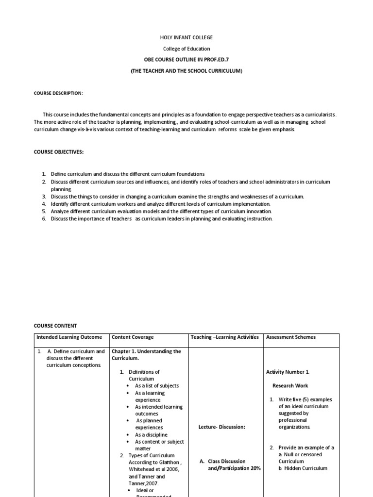 Obe Course Outline in Prof - Ed.7 | PDF | Curriculum | Teachers