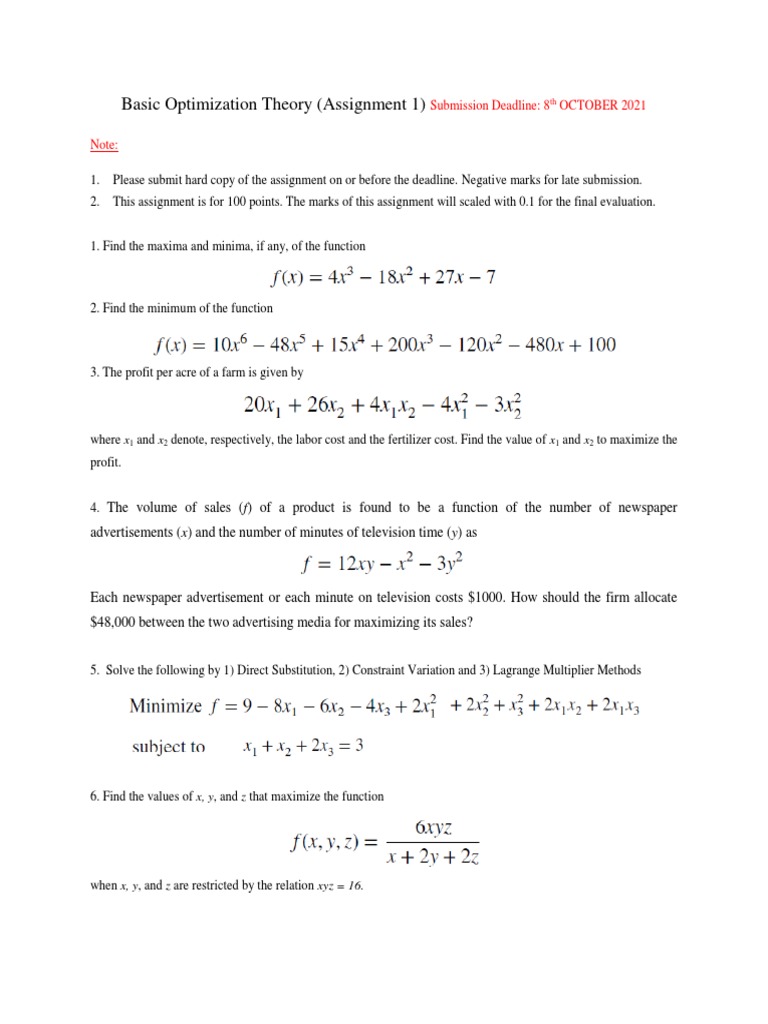 Basic Optimization Theory (Assignment 1) : Submission Deadline: 8 ...
