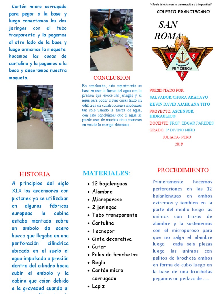 Triptico Del Proyecto Ascensor Hidraulico | PDF | Ascensor